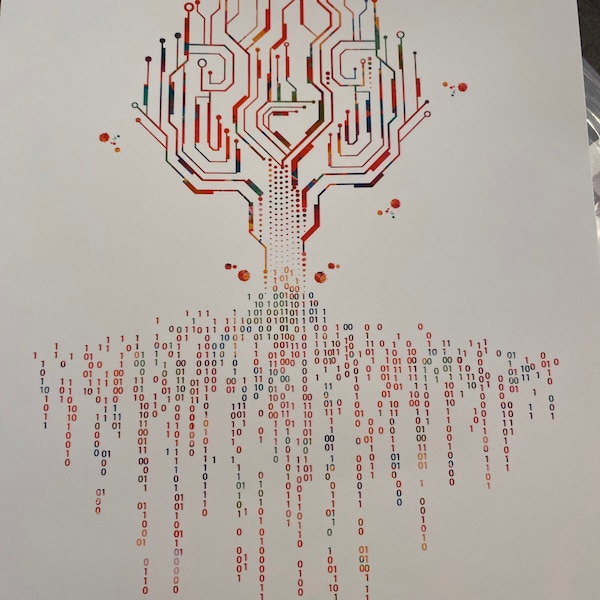 Abstract Tree With Binary Code Roots Watercolor Print Computer IT Print ...