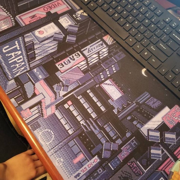 Retro Vaporwave Mousepad, Neon Tokyo Street Pixel Art, Purple Japanese ...