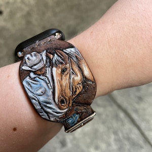 Hand Tooled Leather Iwatch Apple Watch Cuff Strap Western Style Horse ...