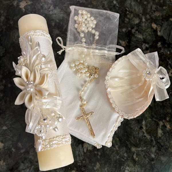 Beautiful Baptism Candle Set, Christening 4 Pieces Set, Ivory, Hand ...