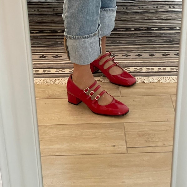 Elegant Red Leather Mary Jane Shoes for Women - Etsy