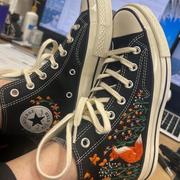 Green Hand Embroidered Fox Converse, Forest Themed Embroidered Shoes ...