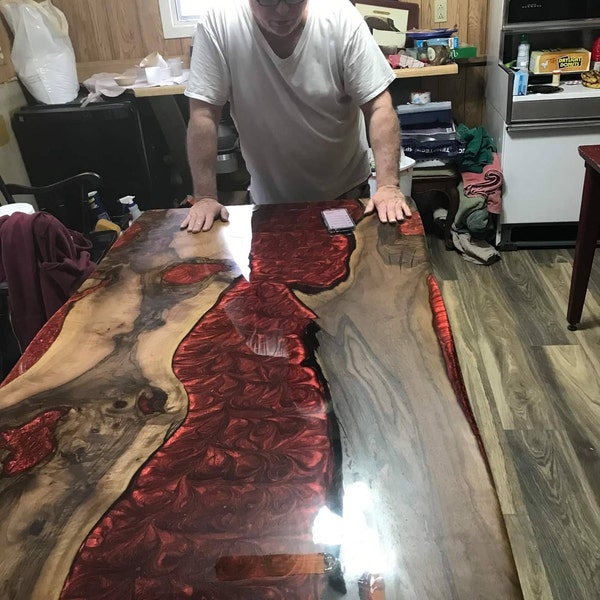 Custom Order Walnut Wood Red Metallic Epoxy Table -live Edge-resin ...