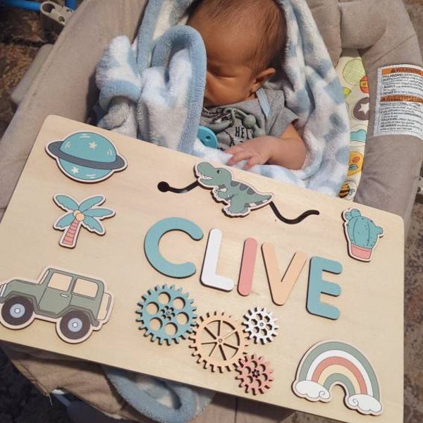 Personalized Wooden Busy Board Name Puzzle, First Birthday Gifts for ...