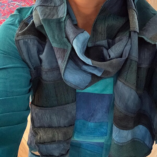 Silk With Linen Scarf, Black With Shades of Blue and Purple, Hand Dyed ...