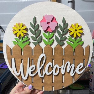 Welcome Fence Flowers Sign, Round Door Hanger Svg, Glowforge Laser Cut ...