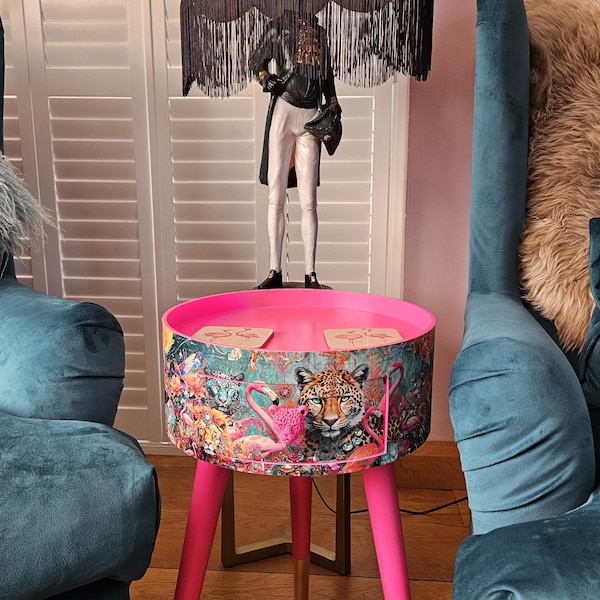 Round Leopard Print Small Coffee Table With Drawer in Grey Flamingo ...