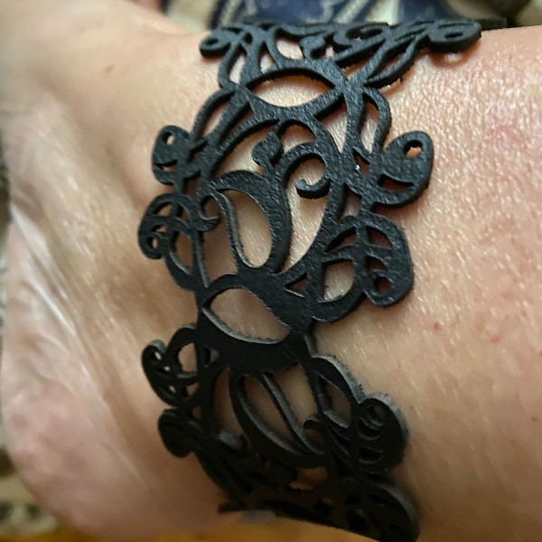 Laser Cut Filigree Leather Bracelet, Platinum Animal Skin Cuff, Boho ...