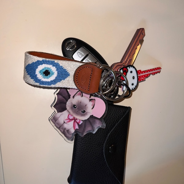 American Flag Needlepoint Keychain - Handmade Key Fob W/ Leather ...