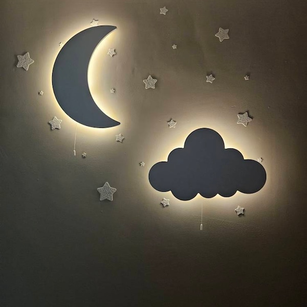 Set of 2 Crescent & Cloud Wall Light, Wooden Wall Light, Kids Room ...