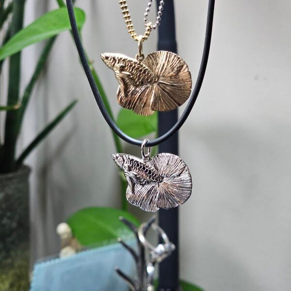 Betta Fish Pendant Necklace 925 Sterling Silver Gold Plated Halfmoon ...