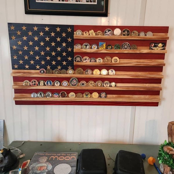 Handcrafted Rustic American Flag Challenge Coin Display: 37x19" - Etsy