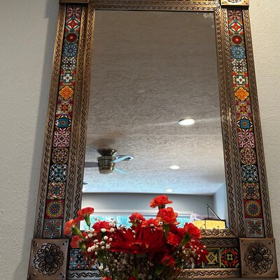 PUNCHED TIN MIRROR With Talavera Tile Mexican Folk Art Wall Decoration ...