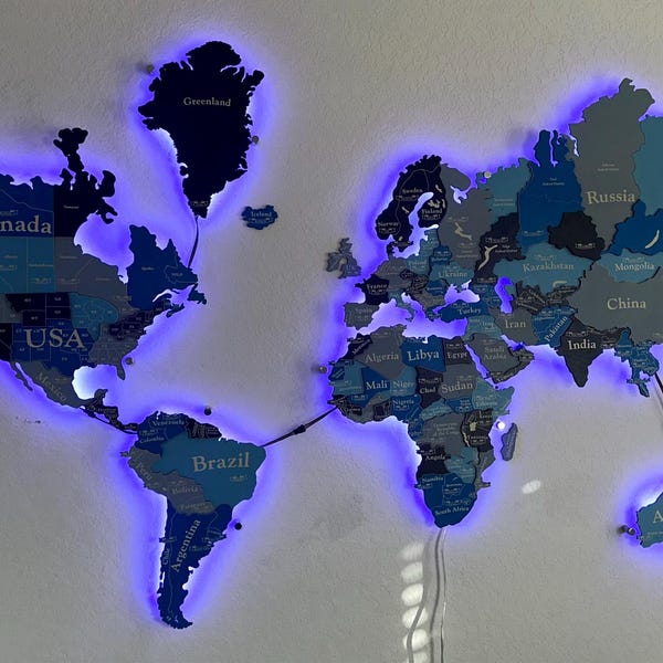 Led 3D Wall Map Art, Led Wall Art, Apartment Decor, World Map With LED Lighting, Illuminated ...