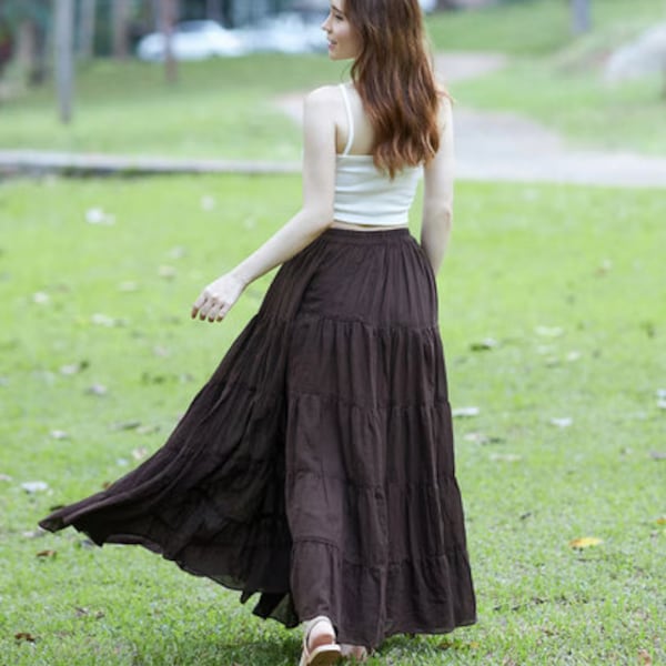 WOMENS BROWN LONG Cotton Ruffle Skirt - Full Circle Long Maxi Skirt ...