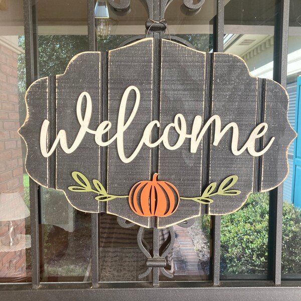 Welcome Pumpkin Door Sign, Rustic Autumn Decor, Fall Door Hanger ...