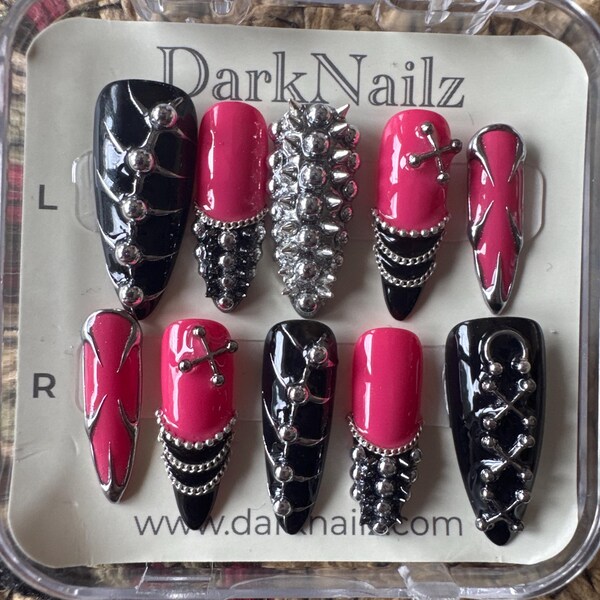 Black Pink Star Press on Nails – Cute Goth Galaxy Nail Art – Handmade ...