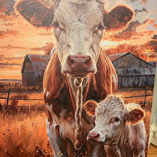 Rustic Farm Life Scene Framed Canvas Wall Art Cow and Calf Grazing in a ...