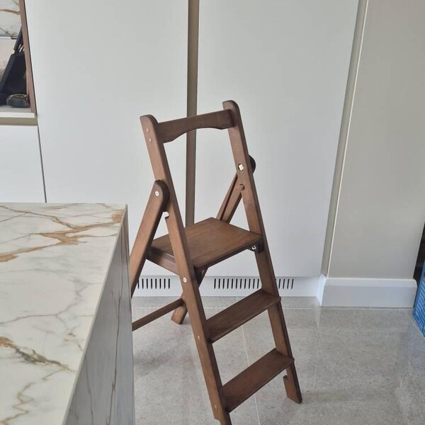 Slim Folding Wooden Step Ladder – 3-step Solid Wood Stepladder Compact ...