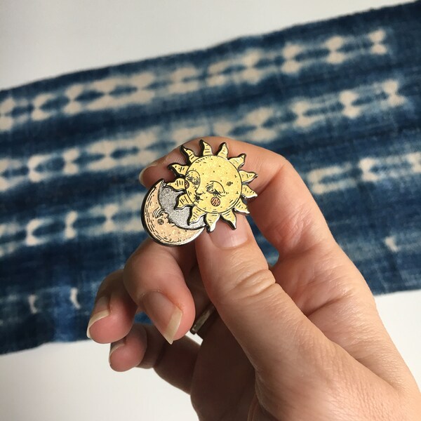 Celestial Romance Glitter Hard Enamel Pin Black Background Sun and Moon ...