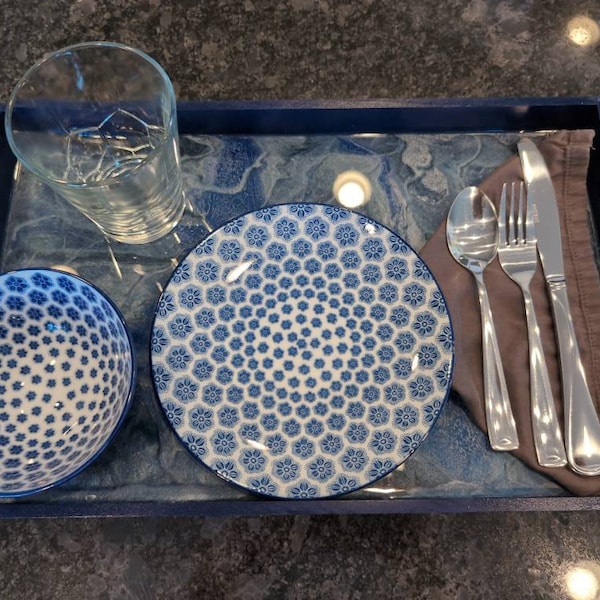 Blue Wood & Epoxy Resin Tray, Handmade Geode Design, 3 Sizes ...