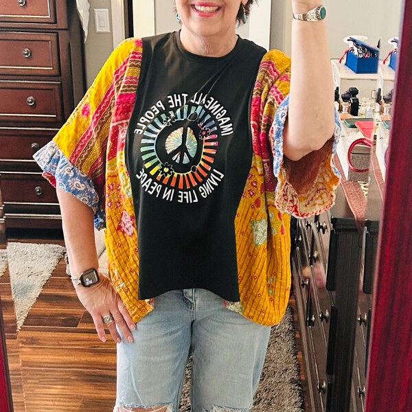 Pink Floyd Upcycled Kantha Tee Doll Baby Oversized Fits a Small to ...