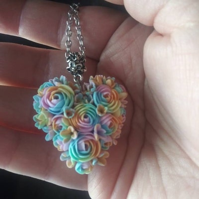 Rainbow Rose Heart Pendant, Rainbow Flowers Necklace, Heart Shape, Gift ...