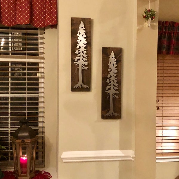 Set of Pine Tree on Knotty Alder / Wood and Metal Signs / Modern Sign ...