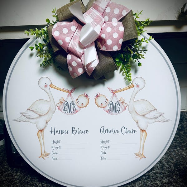 Twin Baby Birth Announcement - Hospital Door Hanger - Stork Door Hanger ...