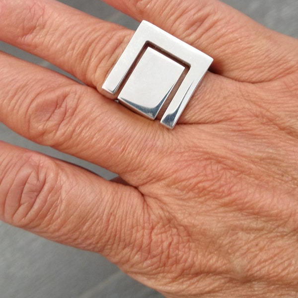 Big Statement Ring Silver, Square Geometric Ring, Large Square Ring ...