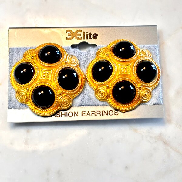 Large Gold Tone Coin Stamped Pierced Earrings With Imitation Pearl ...