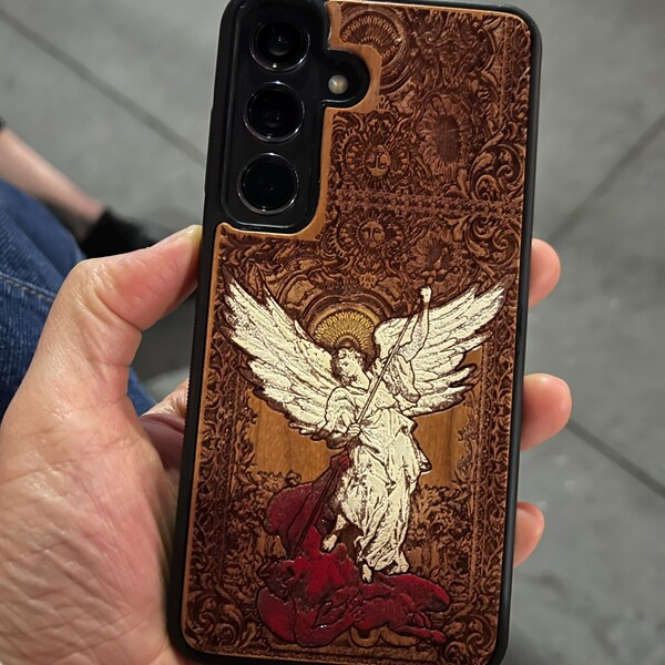 Saint Michael Archangel Wood Phone Case – Hand Painted & Laser Engraved ...