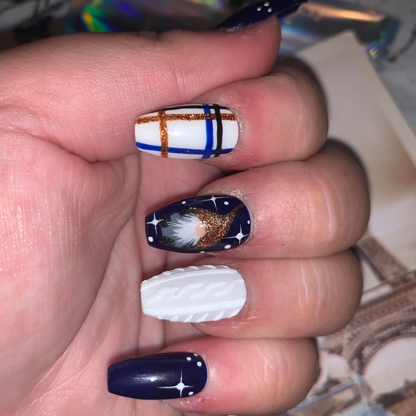Navy and Gold Christmas Gonk Press on Nails | Glue on Nails | Stick on ...