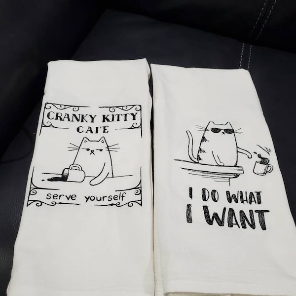 Cranky Kitty Cafe Serve Yourself Kitchen Embroidered Towel, for the Cat ...