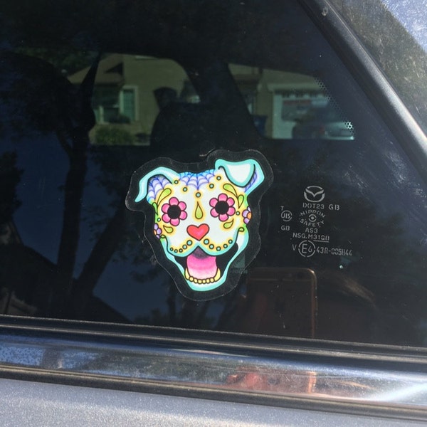 Smiling Pit Bull Sticker Day of Dead Happy Sugar Skull Dog Clear Vinyl ...