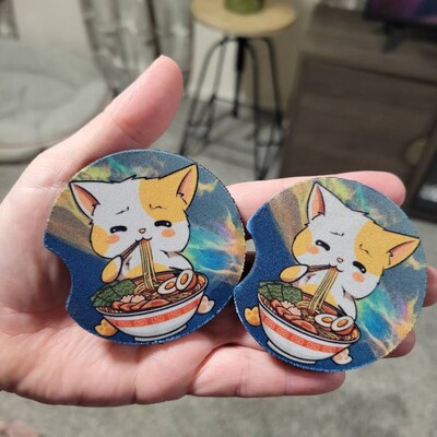 Kawaii Ramen Kitty Car Coasters 2 Pack, Kawaii Neko Ramen Car Coasters ...