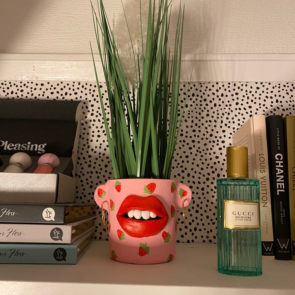 Handmade Strawberry Print Planter Pot: Funky Lips Decor - Etsy