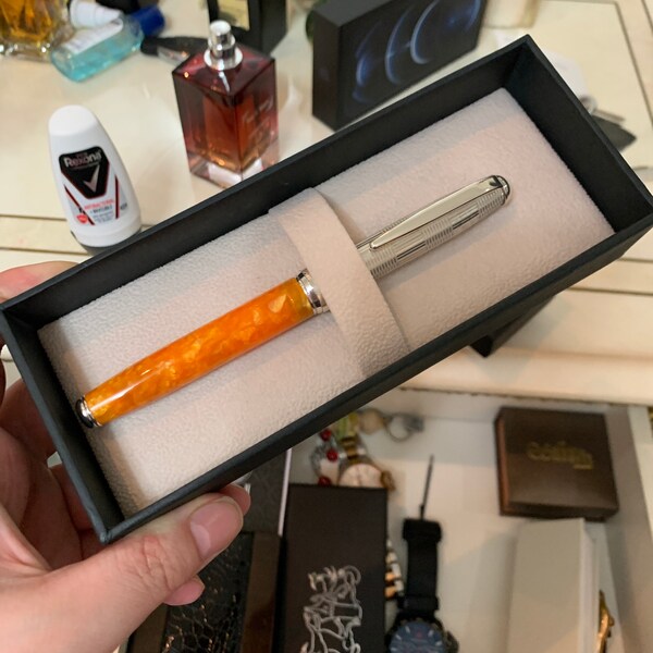 Fountain Pen Amber Orange Resin Barrel Sterling Silver Cap Hallmark 925 ...