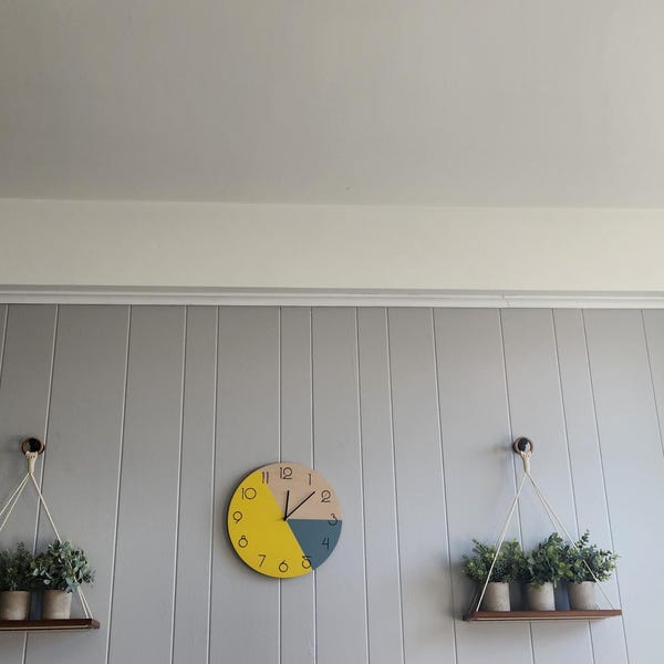 Minimalist Wall Clock With Numbers Large Wooden Clock Mustard and Gray ...