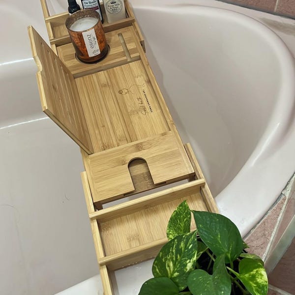Personalised Bamboo Extendable Bath Caddy Tray, Engraved Adjustable ...