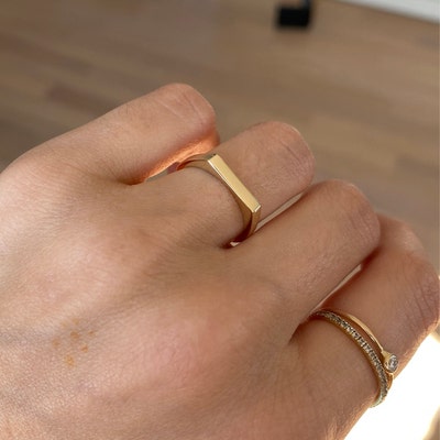 Solid Gold Bar Signet Ring, 14k Rectangle Pinky Ring for Women, Slim Signet Ring, Minimalist ...