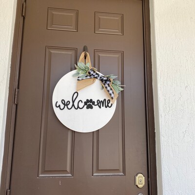 Welcome Paw Print Door Hanger Wooden Front Door Decor - Etsy