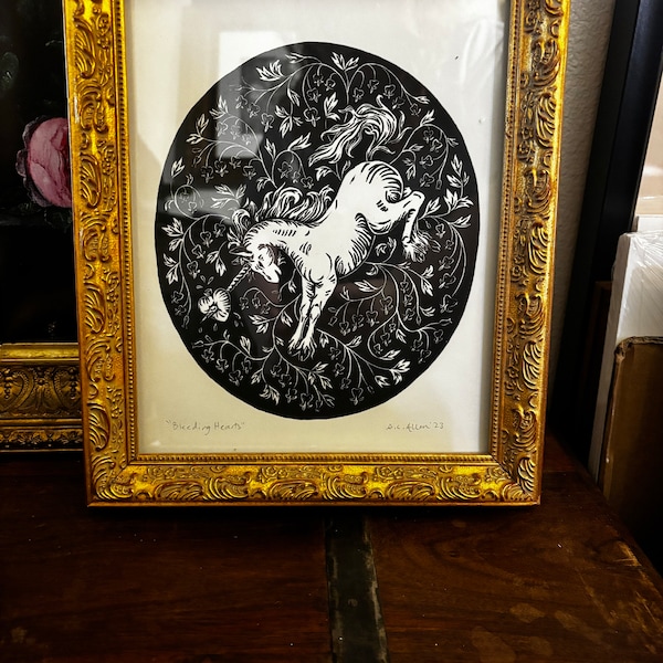 Bleeding Hearts - Handmade Linocut Print - Medieval Unicorn Original ...