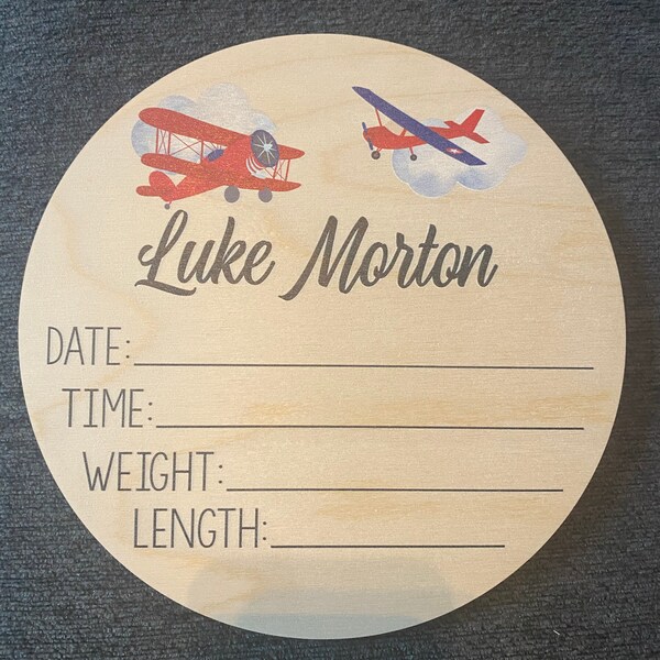 Baby Stat Sign, Round Wood Birth Stat Sign, Airplane Birth Stat Sign ...