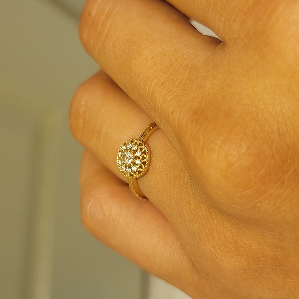Vintage Diamond Engagement Ring, Sun Ring Gold, Dainty Bridal Ring ...