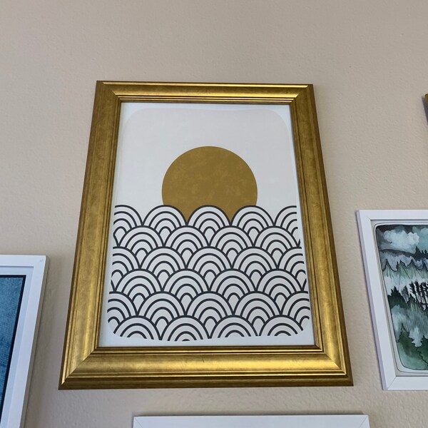 Waves & Sun Art Print - Black Ochre | Sun Art | Modern Art | Minimalist ...