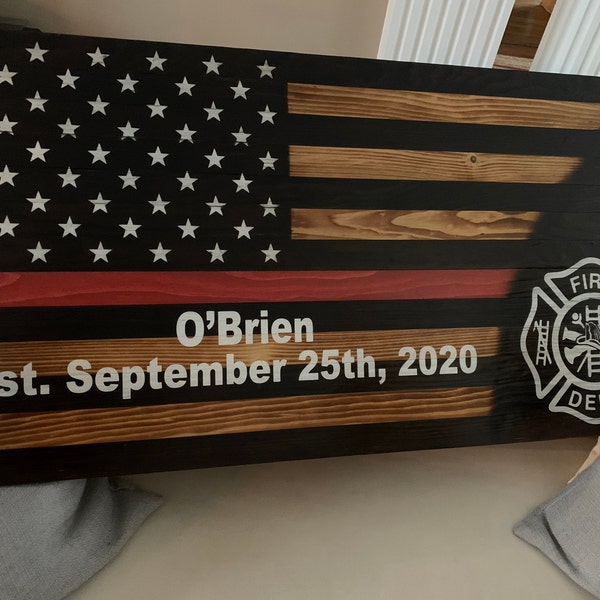 Personalized Red Line Fireman's Rustic American Wood Flag - Custom Fire ...