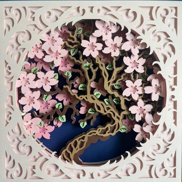 3D Cherry Blossom Tree Shadow Box SVG, 3D Spring SVG, 3D Cherry Blossom ...