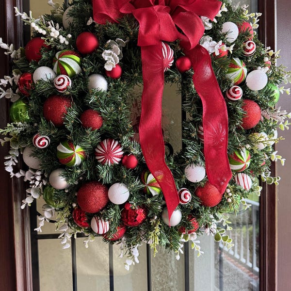 Red Ribbon Winter Wreath, Large Christmas Wreath, Long Tail Wreath ...