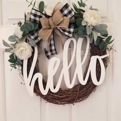 Hello Wood Word Cutout Wreath Decor, Hello Sign, White Hello Laser ...